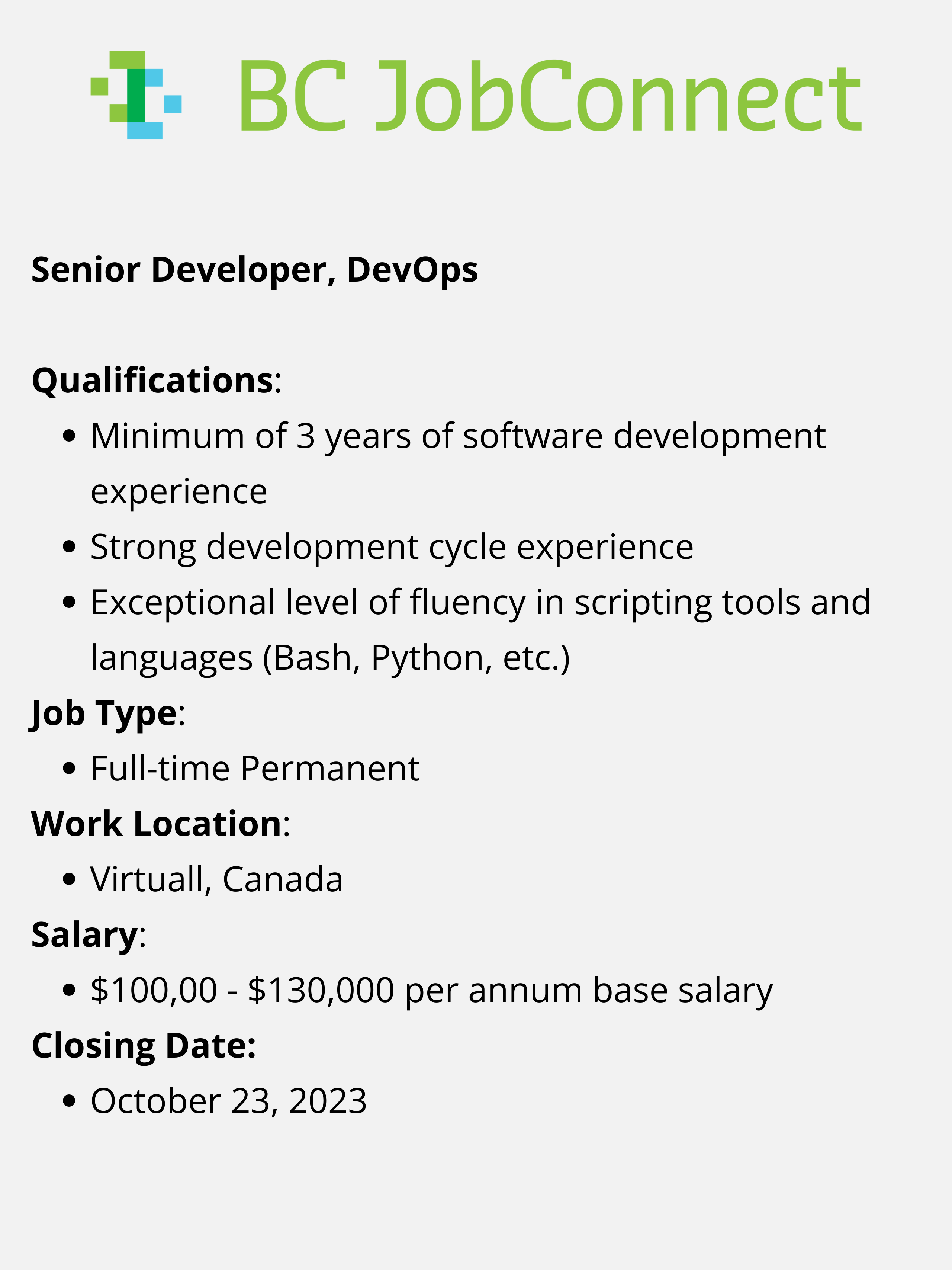Job Posting: Senior Developer, DevOps (Sparkgeo) - IEC-BC BC Job Connect